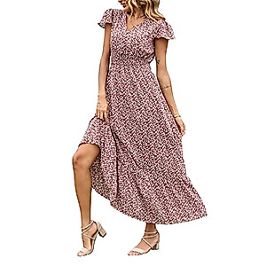 PRETTYGARDEN Womens Summer Dresses 2023 Casual Flowy Swiss Dot Long Maxi Dress for Wedding Guest Graduation (Coffee Pink, Small)