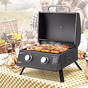 Grill Portable Gas Grill, Small Foldable Tabletop Propane BBQ Griddle w/Grease Tray, Thermometer, 20,000 BTU / 243 Sq.in Cooking Area, 2 Burner Gas Grill for Outdoor Camping, Tailgating, Picnic