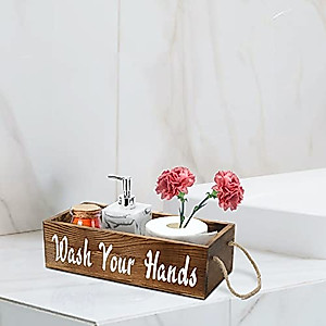 MEGREZ Bathroom Decor Box Bathroom Tray, 2 Sides Funny Saying Toilet Paper Holder, Rustic Wooden Farmhouse Decor Storage Box for Bathroom, Counter, Kitchen, Home Decor Paper Box, Wash Your Hands