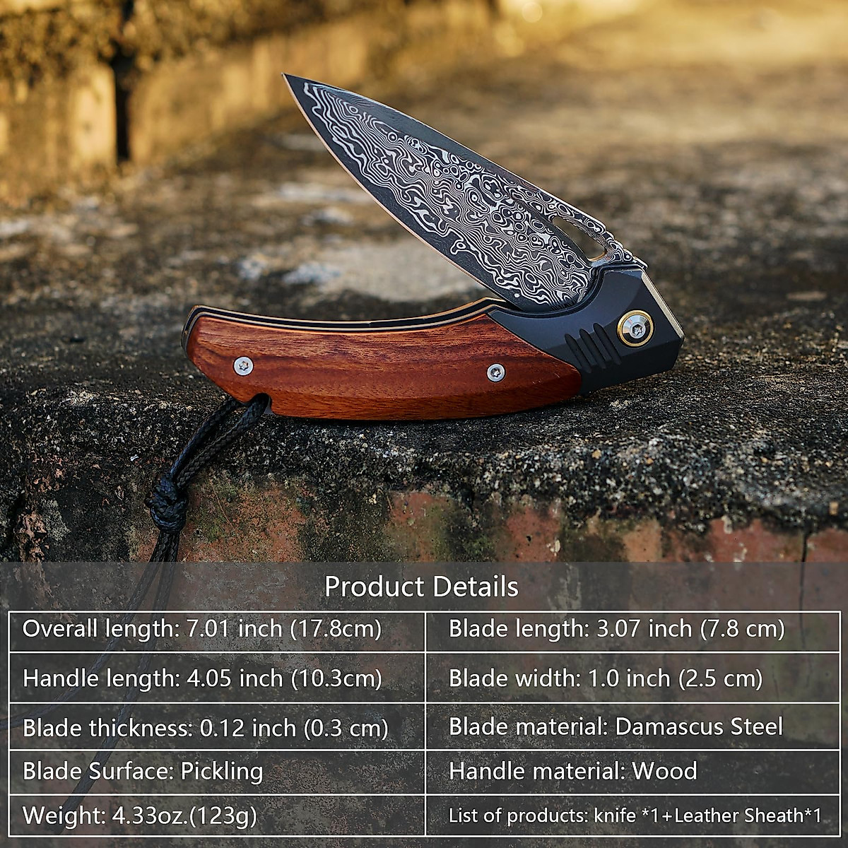 Handmade Forged Damascus Steel Folding pocket Knife, 3.07inch Damascus Steel Blade and 4.05inch Wood Handle,with pocket Clip,Retro Leather Sheath, EDC Pocket Knives for Camping Tactical Outdoor Knife.