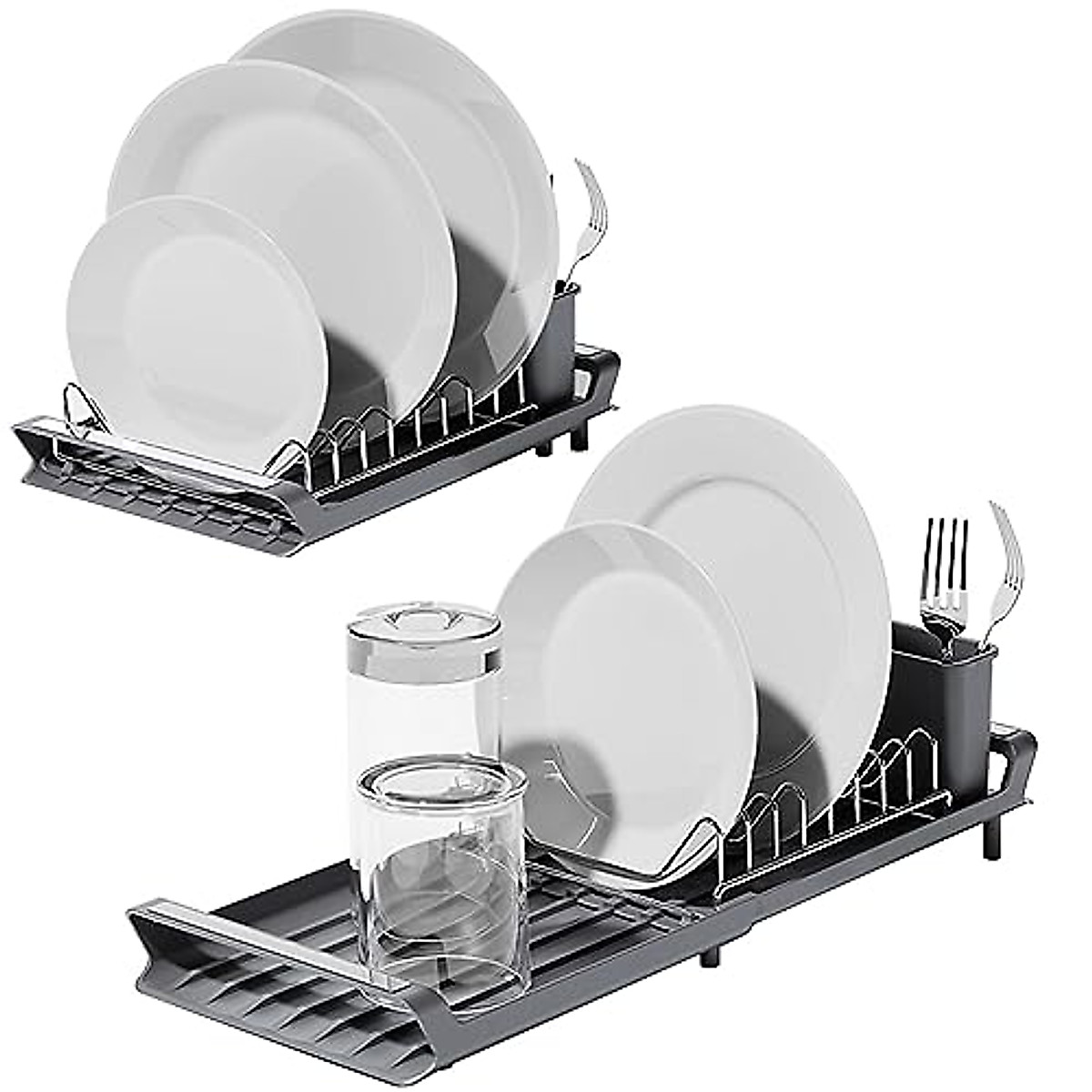 Joemdehazam Dish Drying Rack,Expandable Dish Rack,Compact Dish Rack Durable, Stainless Steel Dish Drying Rack with Removable Cutlery Holder, Small Sink Drainer for Sink or Kitchen Countertop (Grey)