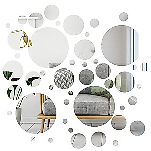 Mirror Wall Stickers Acrylic Mirror Setting Round Peel and Stick Mirror Circle Stick on Mirrors for Wall Decorative Mirror Decals 3D Self Adhesive Mirror Tiles for Living Room Bedroom Decor (48 Pcs)