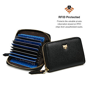 FOXLOVER Small Genuine Leather Credit Card Holders for Women, RFID Blocking Ladies Mini Card Case Women's Card Wallets with Gift Box Packing (Black)