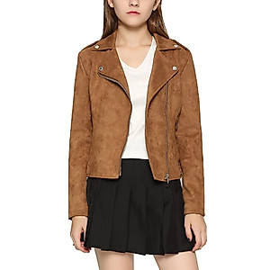 CHARTOU Women's Fall 2023 Fashion Faux Suede Leather Casual Moto Biker Jacket Coats (Medium, Coffee)