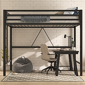 MUTICOR Loft Bed Frame for Juniors&Adults, Metal Loft Bed Twin Size with Safety Guardrail&Removable Ladder, Space-Saving, Noise Free, Matte Black