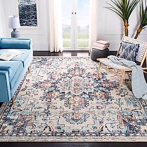 SAFAVIEH Madison Collection Area Rug - 9' x 12', Cream & Blue, Boho Chic Medallion Distressed Design, Non-Shedding & Easy Care, Ideal for High Traffic Areas in Living Room, Bedroom (MAD473B)