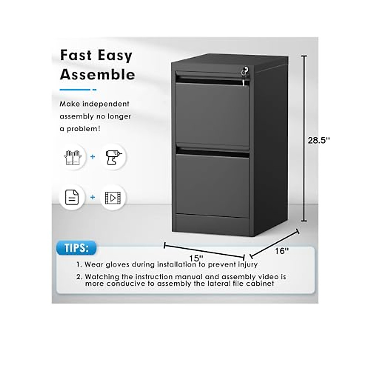 Superday 2 Drawer Vertical File Cabinet, 18” D Filing Cabinet with Lock, Locking Filing Cabinet for Home Office, Black Metal File Cabinet for Hanging Letter/Legal Folders