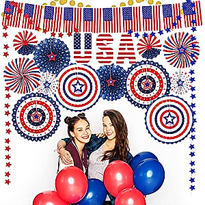 Bulk Patriotic Red White Blue Party Decoration Assortment American USA Flag Banner Star Garland Hanging Paper Fans Hanging Swirl Tissue Paper Pom Poms for 4th of July Independence Day Memorial Day