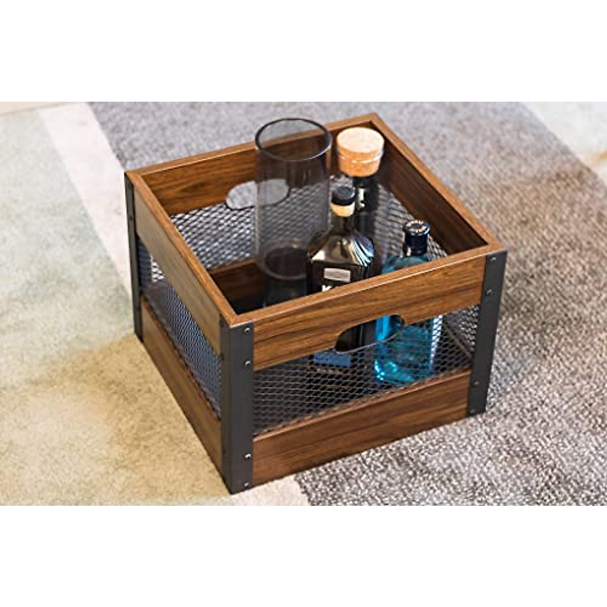 CRAZYWOOD Vinyl Record Storage Case, Wooden LP Record Storage Case, Magazine and Newspaper Storage Basket 13.6"(L)*14.3"(W)*10.6"(H) Inches Wooden Storage Basket