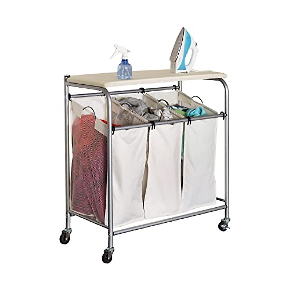Triple Laundry Sorter with Ironing Board, 3-bin, Locking wheels, Natural