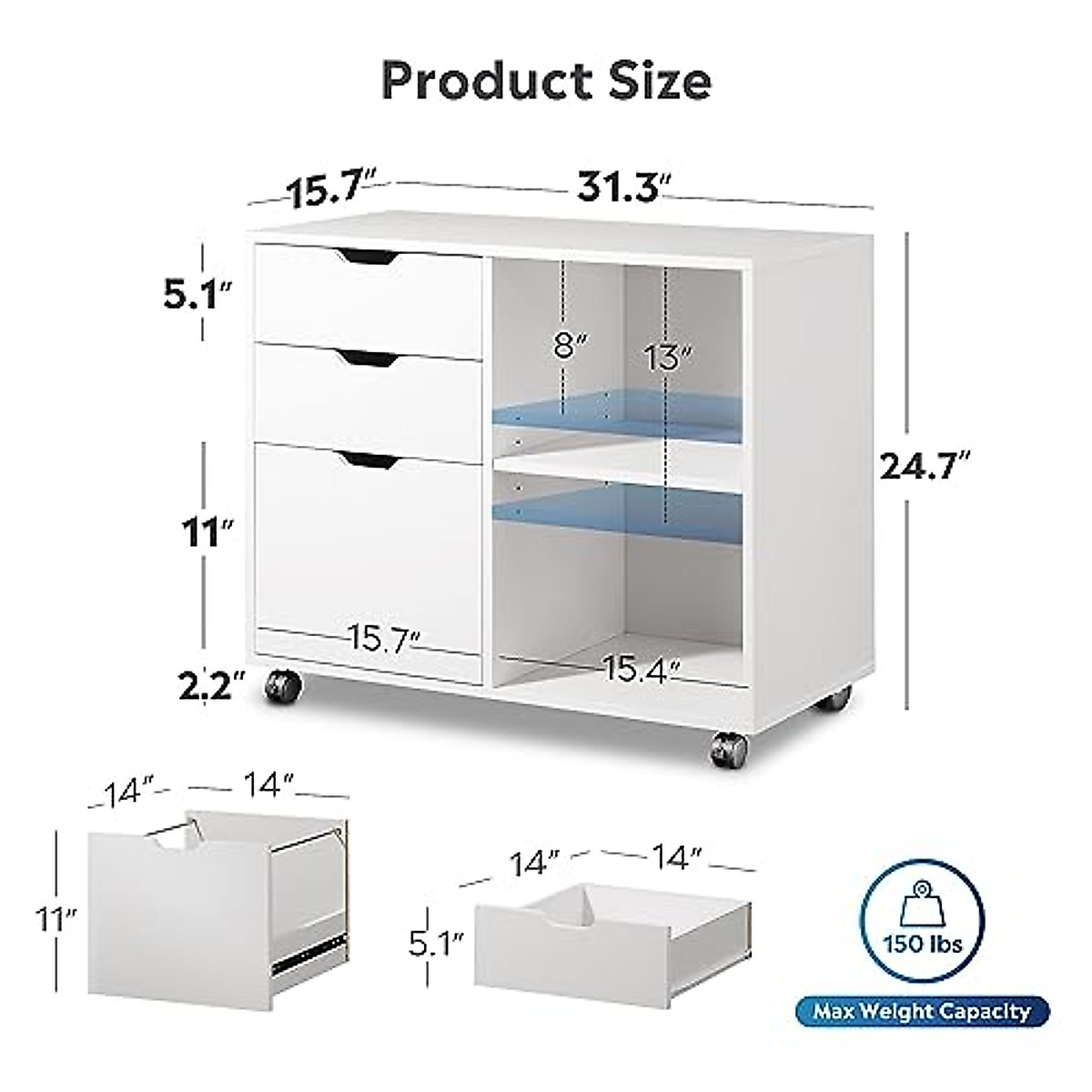 DEVAISE 3-Drawer Wood File Cabinet, Mobile Lateral Filing Cabinet, Printer Stand with Open Storage Shelves for Home Office, White
