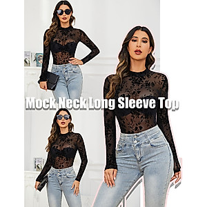 GAMISS Mesh Tops for Women Sheer Long Sleeve Mesh Tops Mock Neck Sexy Tops Black Floral L
