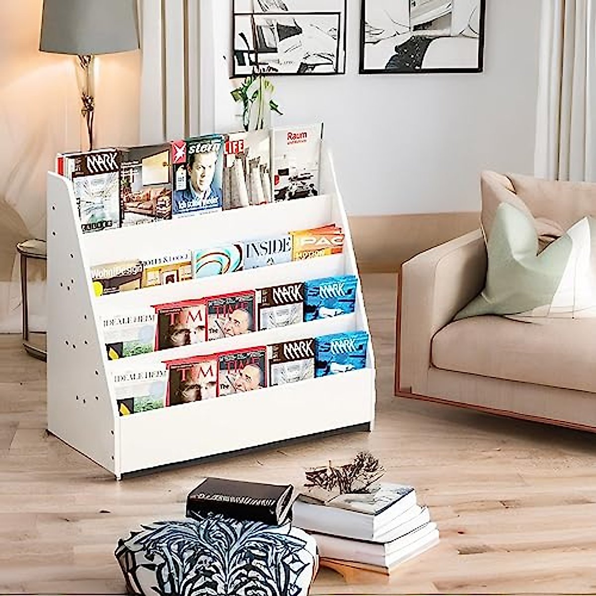 ALISENED 4 Sling Bookcase Display Stand Storage Bookshelf with 4 Shelves Book Display Rack Storage Bookcase Organizer Book Shelf Case Organizer Wooden