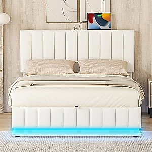 CKLMMC Modern Upholstered Platform Bed with Hydraulic Storage System,Full Size PU Storage Bed with LED Lights and USB Charger for Kids Teens Adults (White/PU-K)