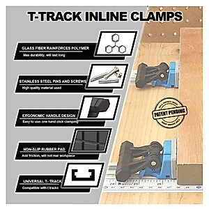 T-Track Clamps for woodworking, T Track accessories, for T-Track Profile (3/4’’ * 3/8’’) | Stop Blocks | Inline Auto Adjust Quick Release Woodworking Clamps, for Routers, Drill press, Table saws, 4pc