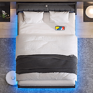Saudism Upholstered Bed Frame with Storage Headboard, USB Ports, LED Lights - Queen Size, Floating, Noise-Free, Dark Grey