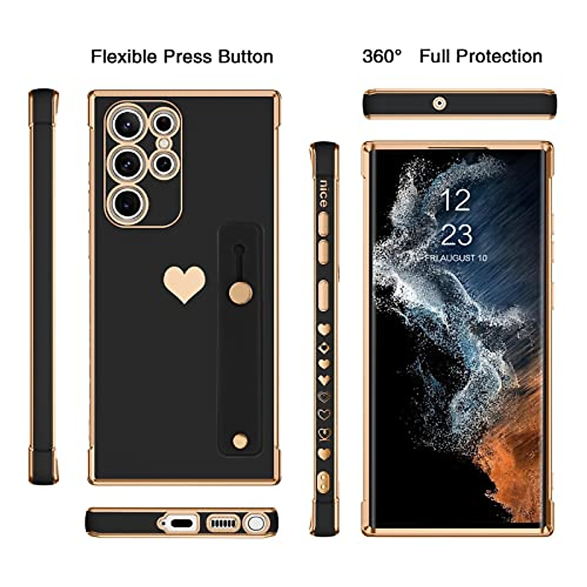 BENTOBEN Galaxy S22 Ultra Case,Slim Luxury Heart Design Plated Soft Bumper Women Men Girl Protective Case Cover with Strap for Samsung Galaxy S22 Ultra 6.8 inch,Black/Gold