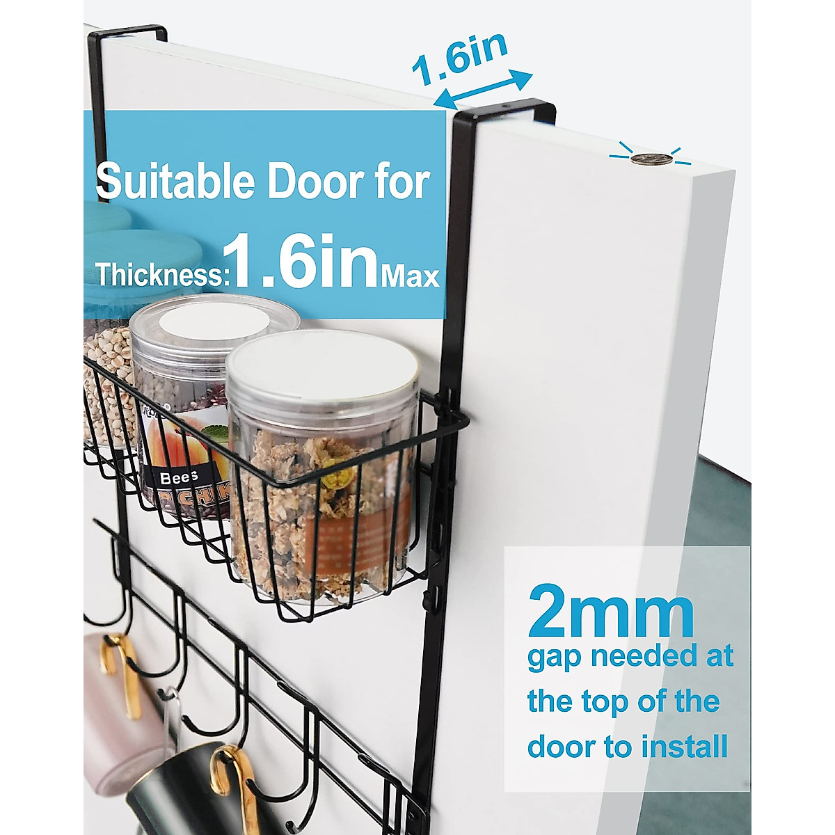 Rumara Over The Door Hanger Hooks, Behind Door Towel Rack, Organizer Hanger with 15 Racks and Basket for Barthroom, Bedroom Kitchen & Pantry, Back of Door Storage Shelf for Coat (1 Basket)