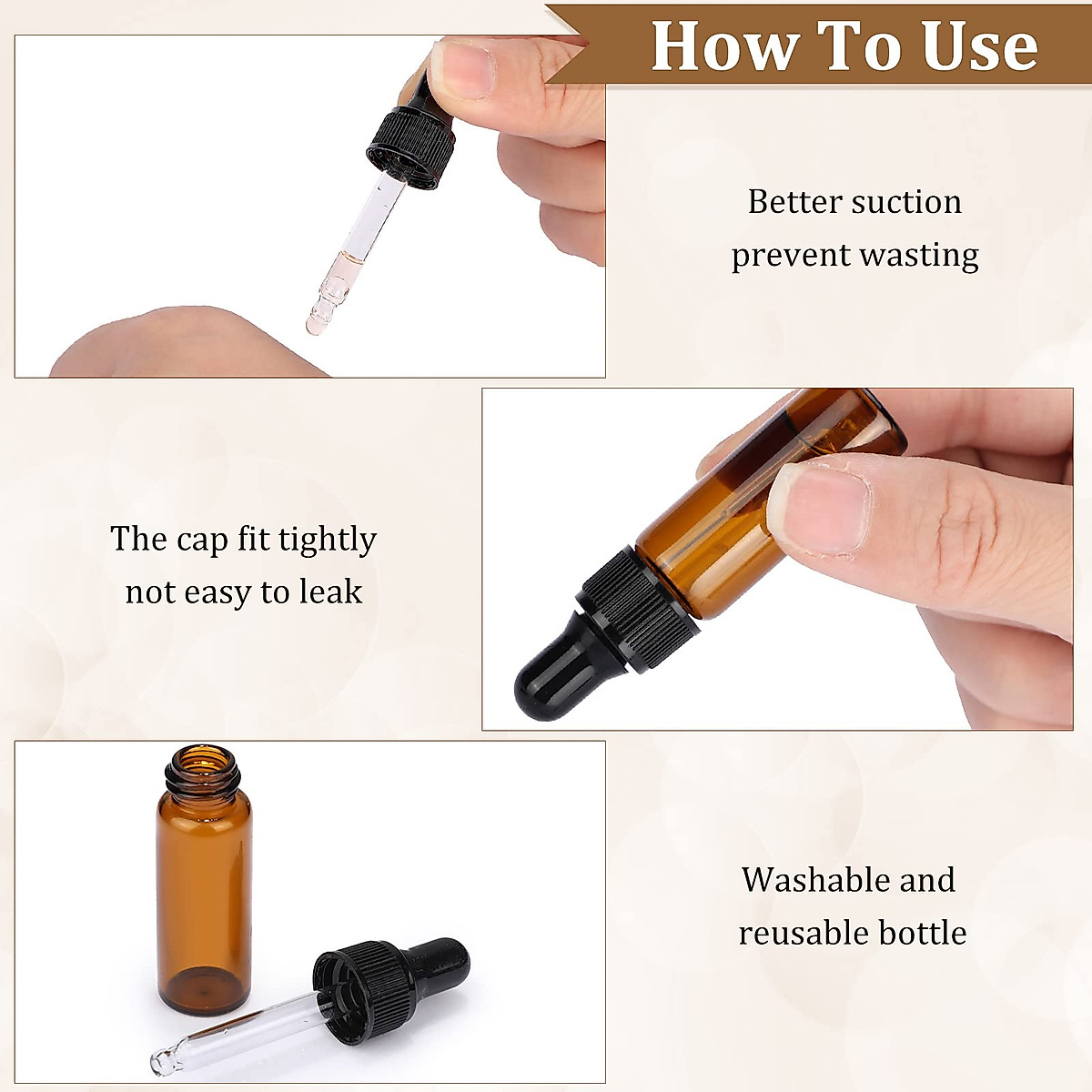 Bokon 100 Pcs Glass Dropping Bottles Mini Essential Oil Dropper Bottles Empty Sample Vials with Black Cap Tiny Storage Jars with Dropper for Perfumes Cosmetic Liquid Aromatherapy Lab (Amber,5 ml)