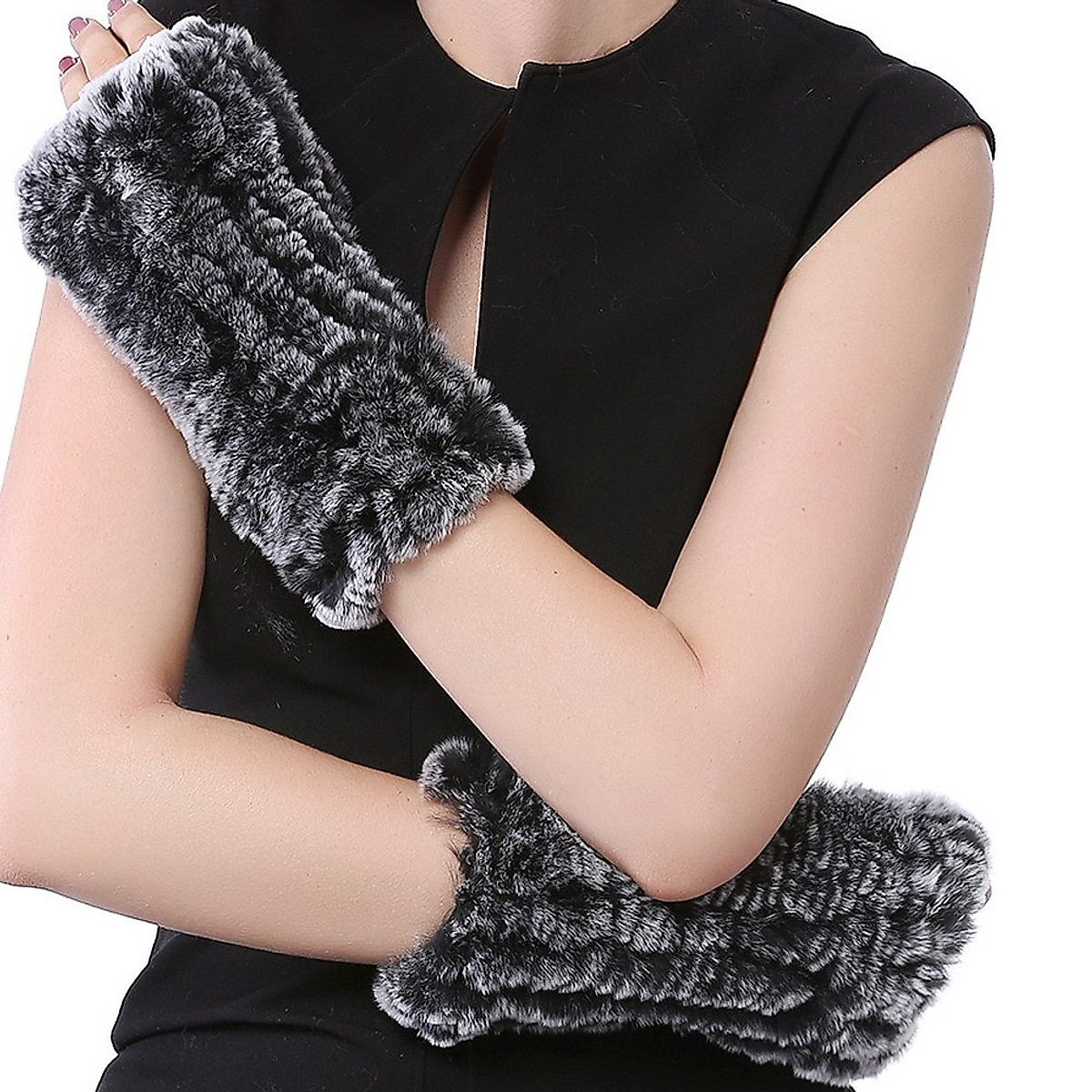 Valpeak Womens Rabbit Fur Winter Mittens Knitted Fingerless Gloves(Snowtop Black)