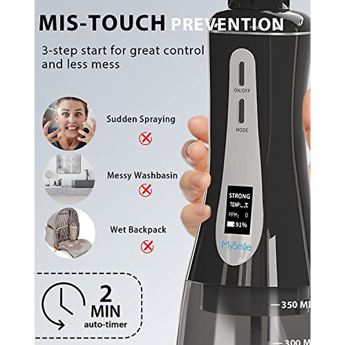 MySmile Powerful Cordless 350ML Water Dental Flosser Portable OLED Display Oral Irrigator with 5 Pressure Modes 8 Replaceable Jet Tips and Storage Bag for Home Travel Use (Black)