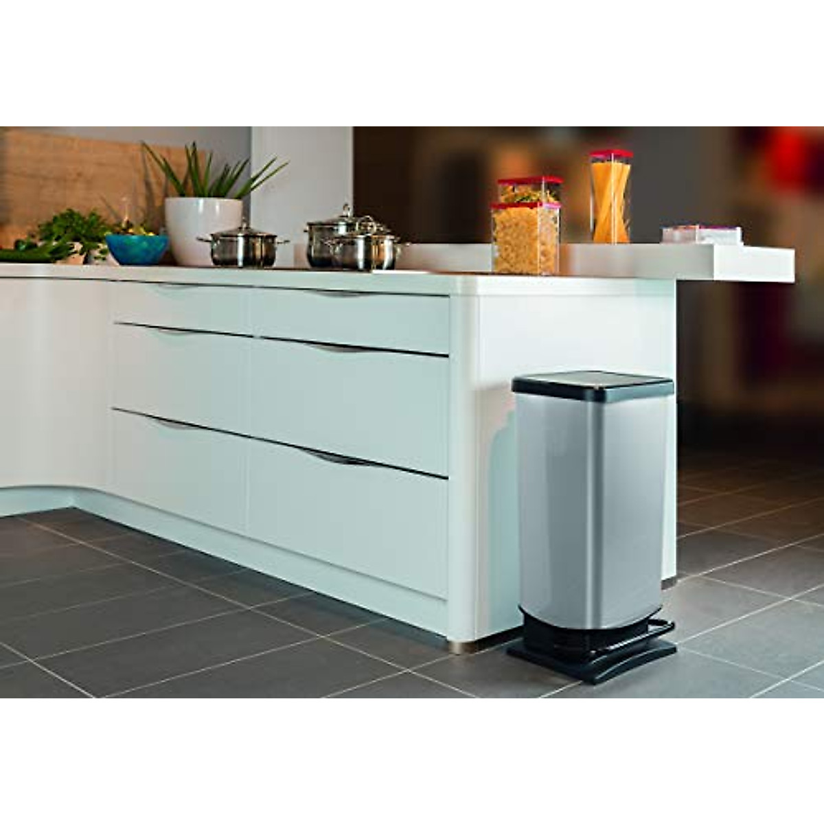 Rotho Paso Rubbish Bin Odour-Proof Plastic (PP) in Stainless Steel Look Pedal Mechanism for Opening the Waste Bin, Hexagon, 40 litres