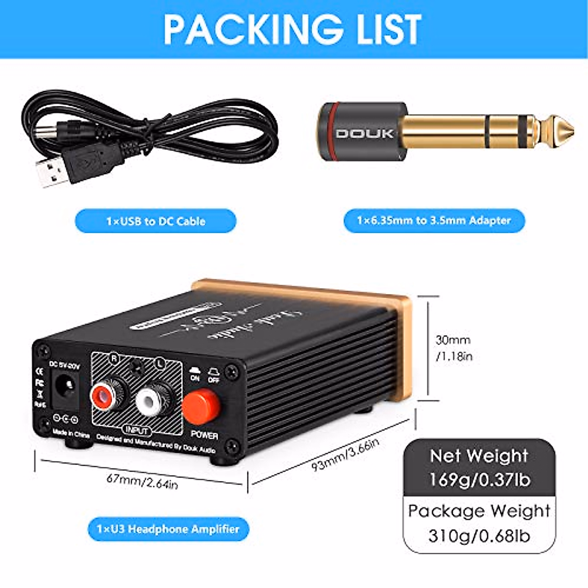 Douk Audio U3 Headphone Amps, Mini Hi-Fi Amplifier for Home Desktop PC 6.35mm / 3.5mm Headsets, Class A, RCA Input, DC 5V