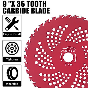 PLUMIA 9" x 36 Teeth Carbide Tipped Blades with Universal Adapter Kit, for Brush Cutter, Trimmer, Weed Eater, Compatible with Husqvarna, Stihl, Ego, and More