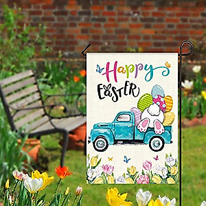 Happy Easter Bunny on The Truck Flag Vertical Double Sided Garden Flag, Indoor and Outdoor Decoration Flag, Bunny Tail and Eggs on The Bright Truck, Welcome Yard Flags for Party Home Decor