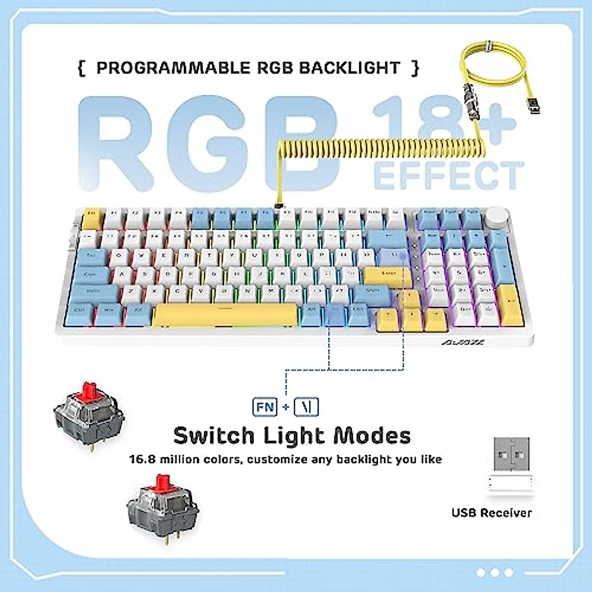 99 Keys Wireless Mechanical Keyboard with Coiled Cable, Bluetooth5.0/2.4G/Wired Gaming Keyboard, RGB Hot Swappable Red Switch Keyboard with Knob Control, PBT Keycaps,Gasket Mounted for PC/Mac/Windows