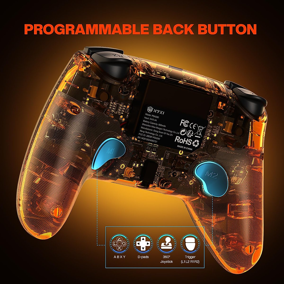 NYXI Wireless Controller for PS4, Hall Effect Joysticks Triggers, Transparent Controller with Breathing RGB Light, Programmable Buttons, 3.5mm Audio Jack Compatible with PS4/PC/iOS/Android