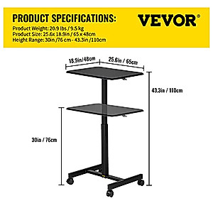 VEVOR Mobile Laptop Desk, 30" to 43.3", Height Adjustable Rolling Cart w/Gas Spring Riser, Swivel Casters and Hook Home Office Computer Table for Standing or Sitting, Black