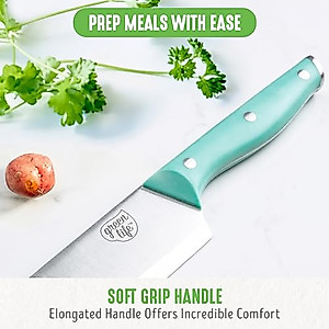 GreenLife High Carbon Stainless Steel 13 Piece Wood Knife Block Set with Chef Steak Knives and more, Comfort Grip Handles, Triple Rivet Cutlery, Turquoise