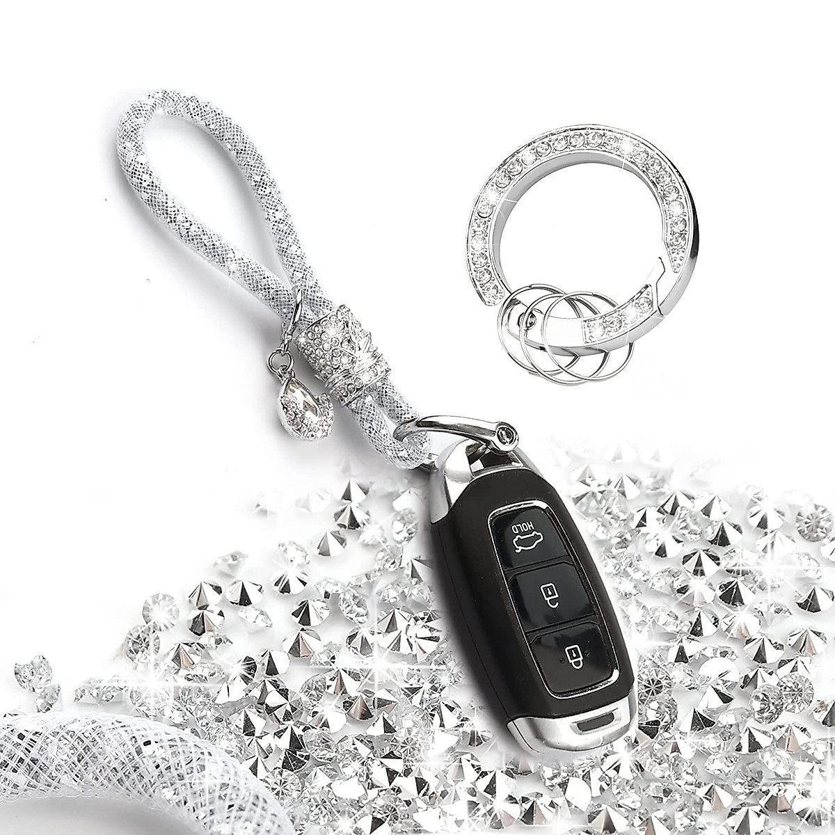 Jawmoy Pack-1 Bling Car Keychain, Rhinestones Keychain Accessories, Metal Crystal Key Chain Ring (Silver)