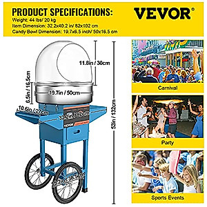 VBENLEM Cotton Candy Machine Commercial with Bubble Cover Shield and Cart Stainless Steel Candy Floss Maker Blue 1030W Electric Cotton Candy Maker for Various Parties