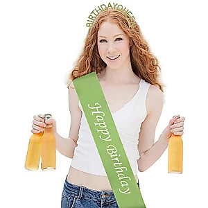 Torerun Upgraded Sage Green Birthday Party Decorations Olive Green and Gold Balloons with Happy Birthday Banner Sash,Cake Topper,Fringe Curtain,Star Hanging Swirls for Women or Girls