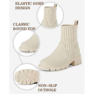 Coutgo Girls Boots Kids Combat Chelsea Ankle Booties Chunky Heel Lug Sole Elastic Fall Fashion Shoes Toddler Little Kid Big Kid,Off-White,Size 1