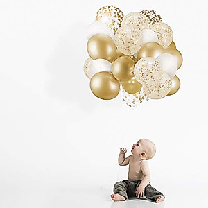 60 Pack Gold Balloons + Gold Confetti Balloons w/Ribbon | Balloons Gold | Gold Balloon | Gold Latex Balloons | Golden Balloons | White and Gold Balloons 12 inch | Clear Balloons with Gold Confetti |
