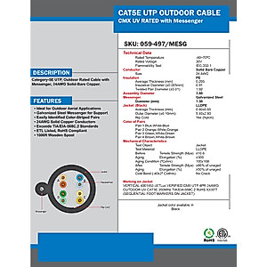 Vertical Cable Cat5e, 350 Mhz, UTP, UV Jacket, Outdoor, CMX, Messenger, 1000ft, Black, Bulk Ethernet Cable, Wooden Spool