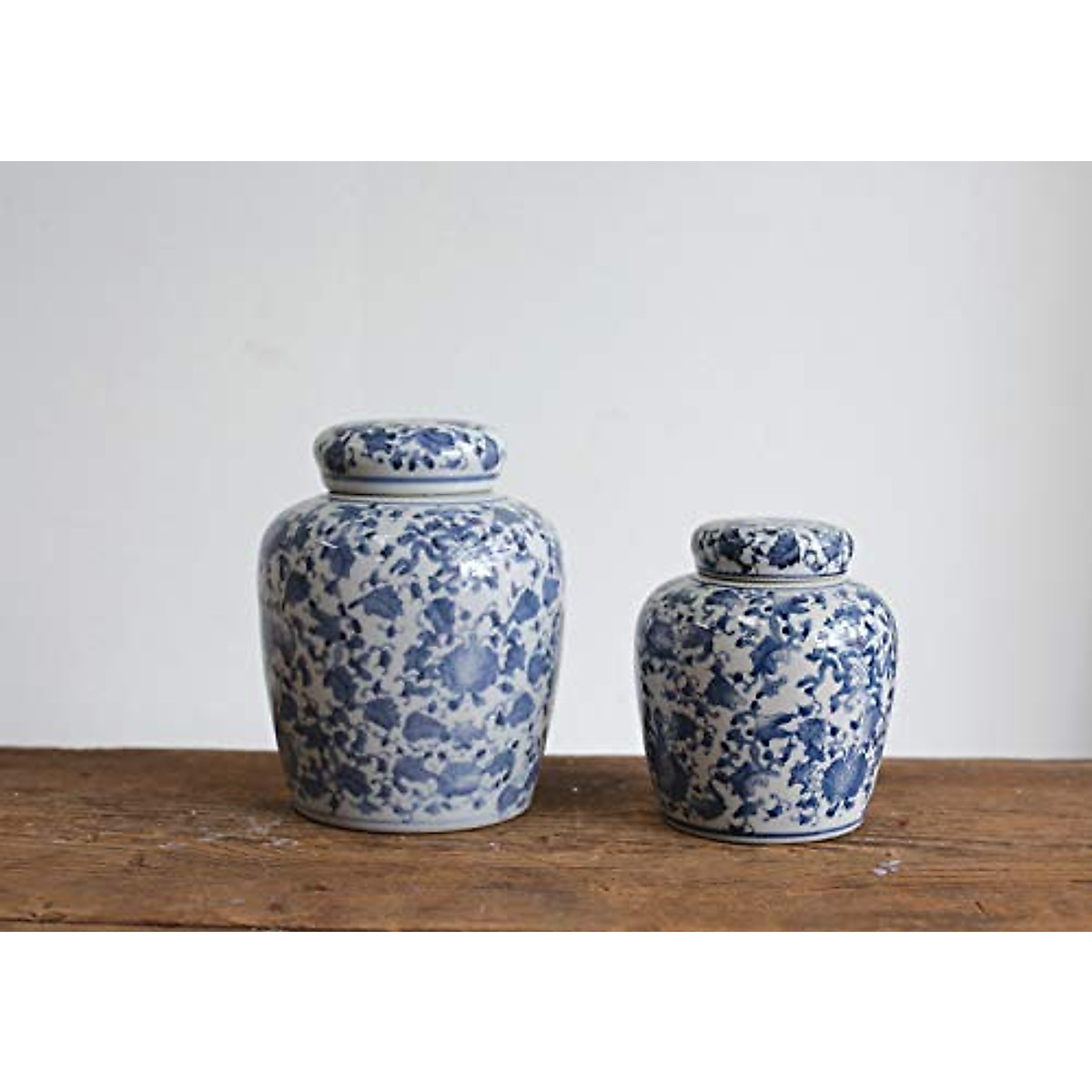 Creative Co-Op Blue & White Ceramic Ginger Jar with Lid