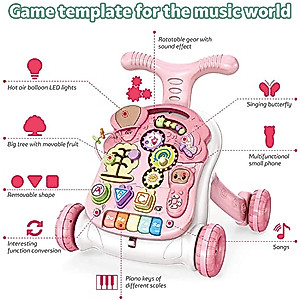 Baby Sit-to-Stand Learning Walker, 2 in 1 Baby Walker for Girls Boys, Educational Baby Push Walkers with Entertainment Activity Table, Baby Music Learning Toy Gift for Infant Boys Girls (Pink)