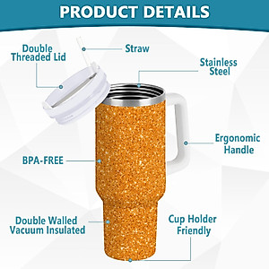 Orange Glitter 30 oz Tumbler with Handle and Straw Lid, Sparkle Insulated Coffee Cup Reusable Stainless Steel Water Bottle Travel Mug Cupholder Friendly,Gifts for Women Men