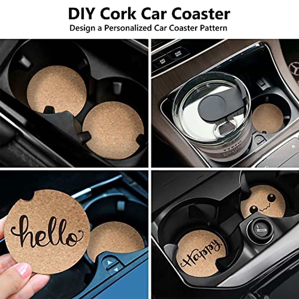 12 Pcs Car Coasters Cup Holder Insert Coaster, Absorbent Cork Bar Coaster, Heat Resistant Reusable Anti Slip Blank Drink Coaster with Fingertip Grip for Easy Removal, Car Decor Accessories for Women