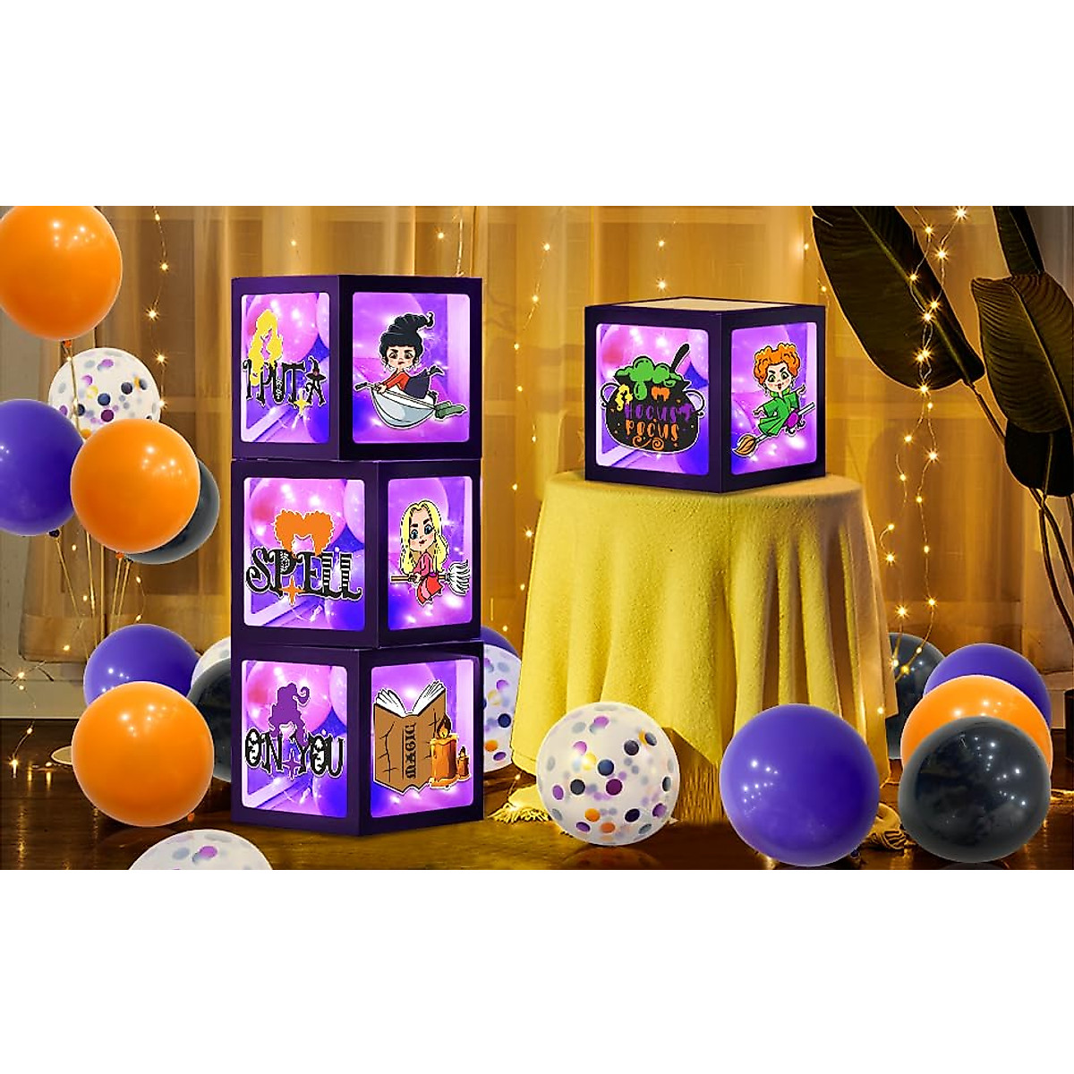 Hocus Pocus Party Decorations 4 Pieces Hocus Pocus Balloon Box with Purple LED Light Strings Hocus Pocus Decorations Hocus Pocus Party Supplies