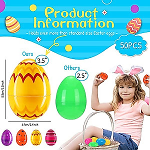 50 Pcs 3.5 Inch Easter Eggs Printed Bright Eggs Fillable Plastic Easter Eggs Easter Basket Stuffers Bulk Colorful Eggs for Easter Egg Hunting Games Kids Boys Girls Party Stocking Fillers, 4 Styles