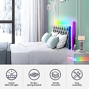 ZAFLY King Size Bed Frame, Velveteen RGB LED Bed Frame with Adjustable Headboard, Upholstered Mattress Frame with Button Tufted Headboard for Bedroom Light Gray