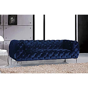 Meridian Furniture Mercer Collection Modern | Contemporary Low Back, Velvet Upholstered Sofa with Deep Button Tufting, and Custom Chrome Legs, Navy, 91" W x 35" D x 28.5" H