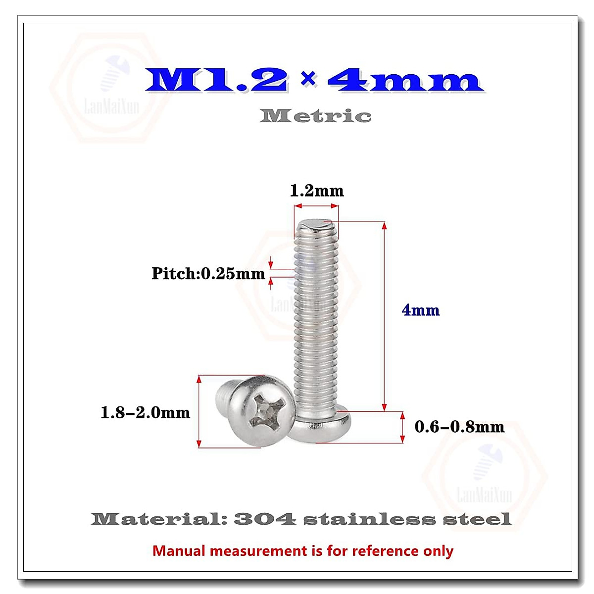 100pcs M1.2×4mm Machine Screws Pan Phillips Cross Head Screw 304 Stainless Steel Fasteners Bolts GB818