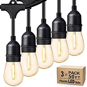 Svater Outdoor String Lights 150FT, 3 Pack of 50FT, 45pcsxE26 Socket, 48pcs S14 Shatterpoof Bulbs, 1 Watt Dimmable 2700K Warm White, IP65 Waterproof, Commercial Grade Patio Lights