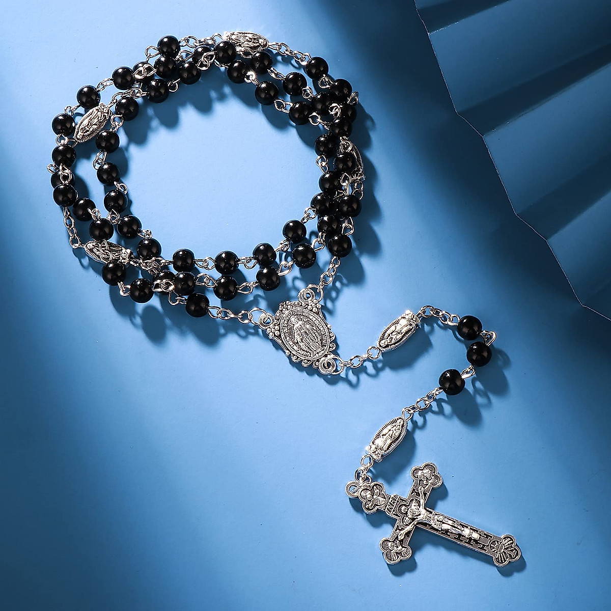 Rnivida Catholic Black Beads Rosary Virgin Mary Rosary Necklace with Jesus Crucifix, Miraculous Mary Medal Rosary Prayer Gifts for Women